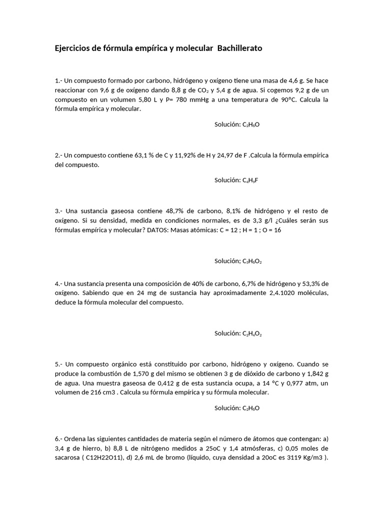 Ejercicios de Fórmula Empírica y Molecular Bachillerato | PDF | Oxígeno | Hidrógeno