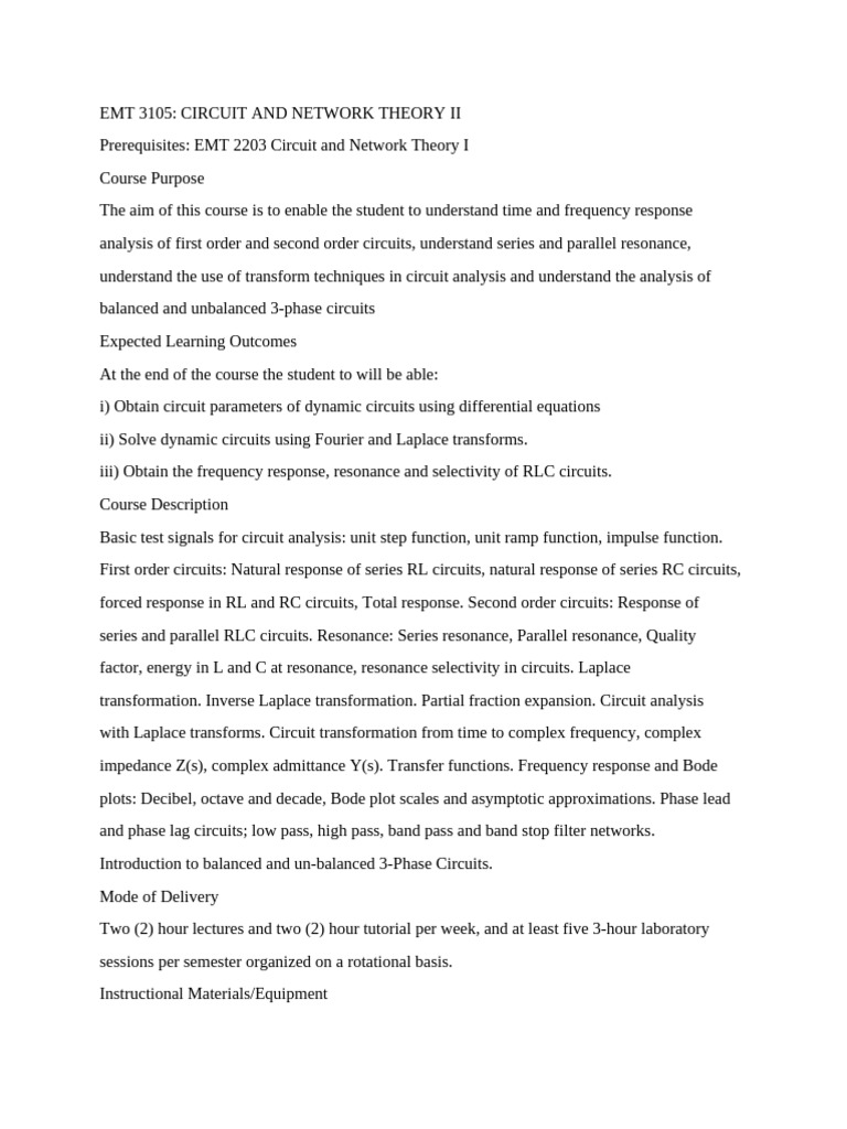 EMT 3105 Course Outline | PDF | Laplace Transform | Resonance