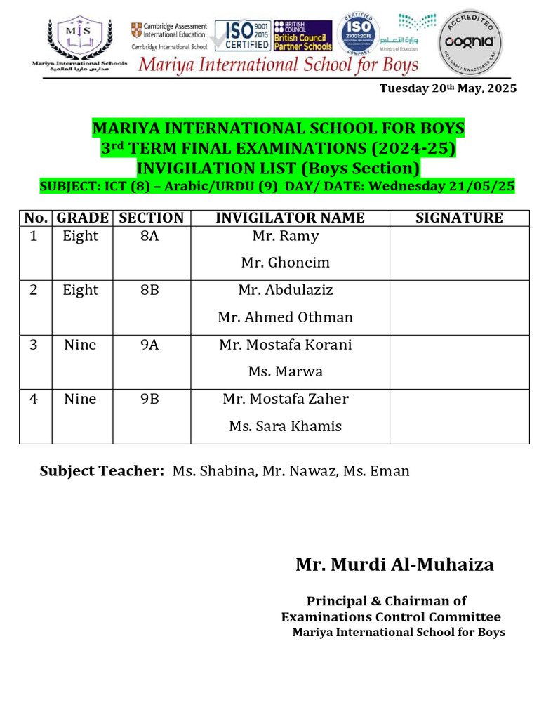 Invigilation Duty List 21-05-2025 | PDF