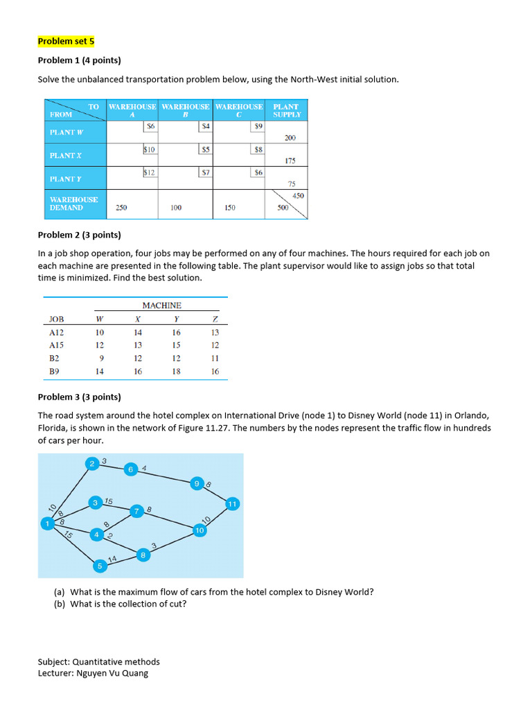 Quantitative Methods Transportation Assignment Flow Exercises | PDF