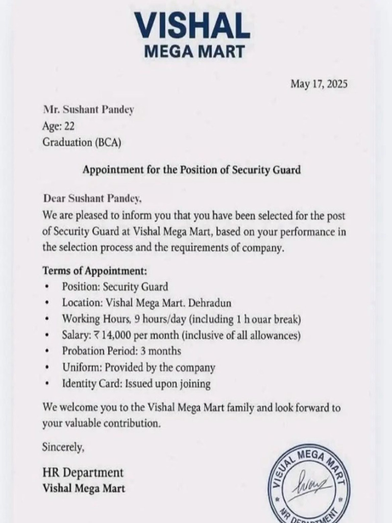 Vishal Mega Mart Offer Letter Security Guard | PDF