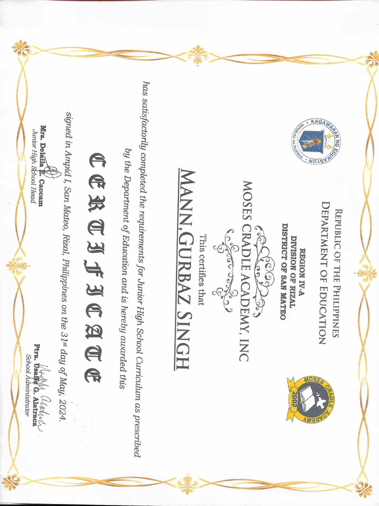 Moses Cradle Academy Certificate 10th | PDF
