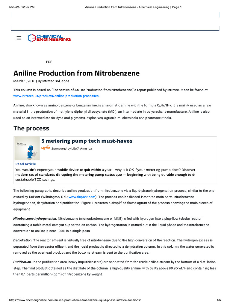 Aniline Production From Nitrobenzene - Chemengonline - Economics ...
