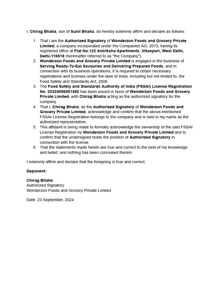 Affidavit of FSSAI License Ownership | PDF