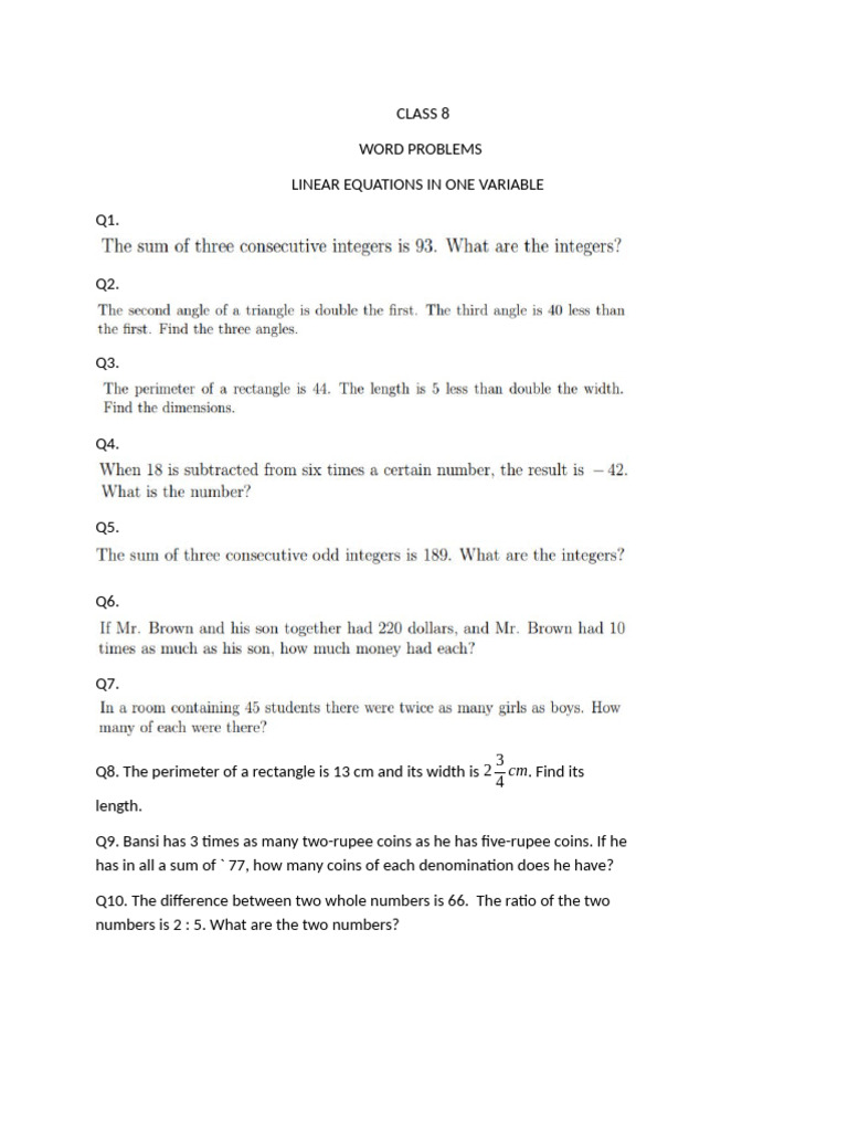 CL8 - Word Problems-Linear Equation | PDF