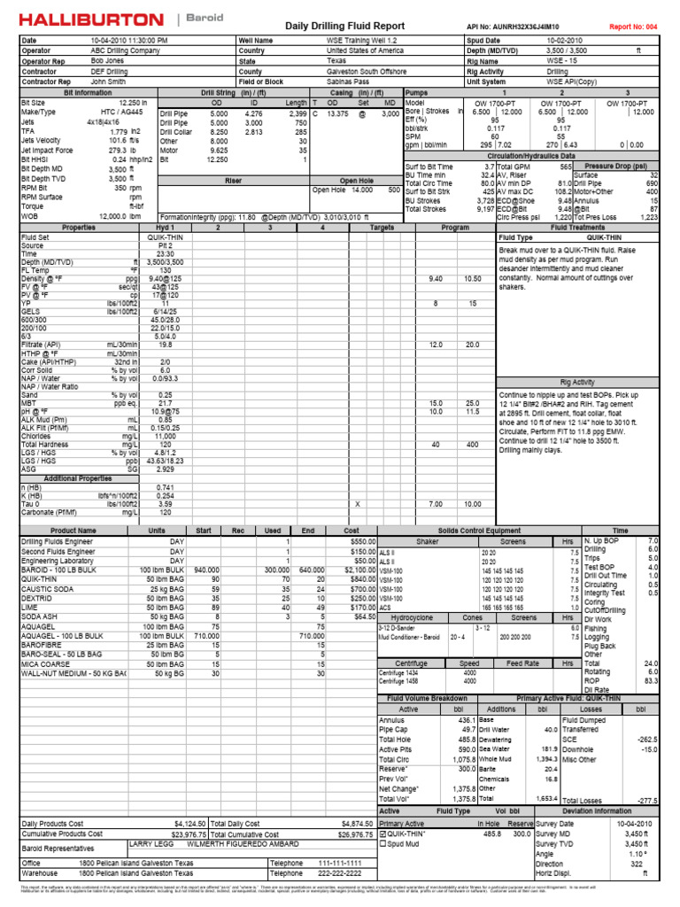 Daily Drilling Fluid Report Model WBF | PDF