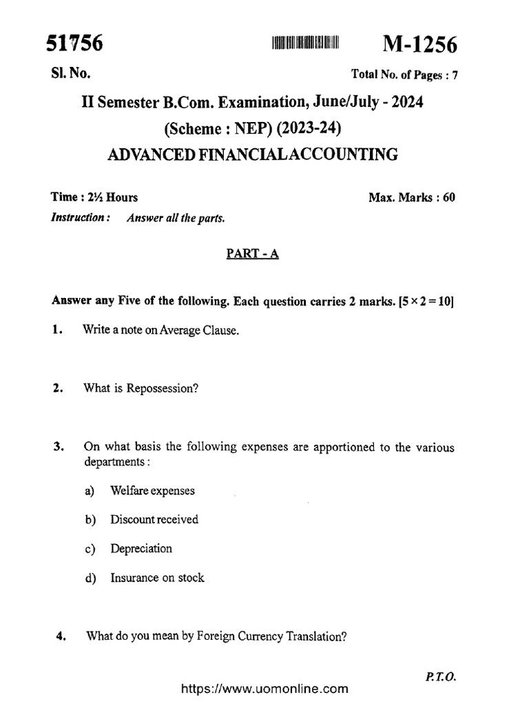 Bcom 2 Sem Advanced Financial Accounting M 1256 Jul 2024 | PDF