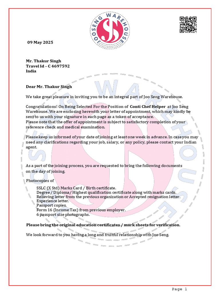 I Am Sharing 'Joo Seng Warehouse Appointment Letter Thakur Singh' With You | PDF | Interest ...