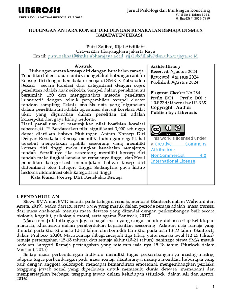 Hubungan Antara Konsep Diri Dengan Kenakalan Remaja Di SMK X | PDF