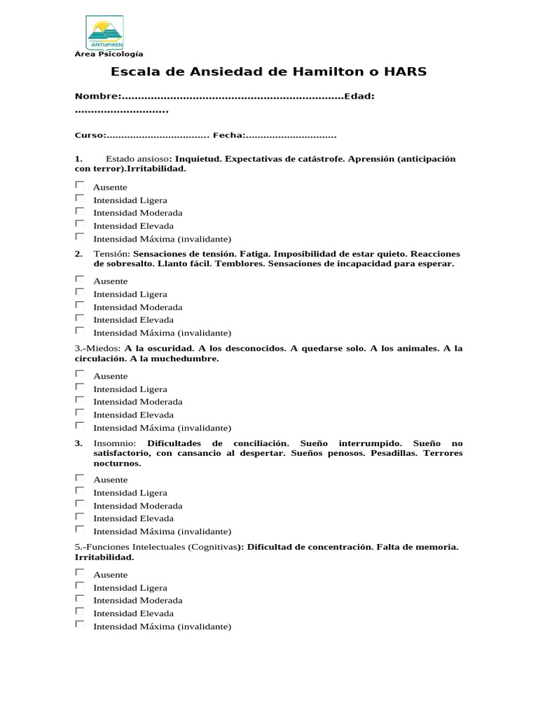 Escala de Ansiedad de Hamilton (HARS) | PDF | Depresión (estado de ...