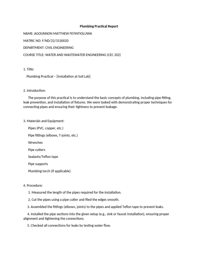 Plumbing Installation Practical Report | PDF