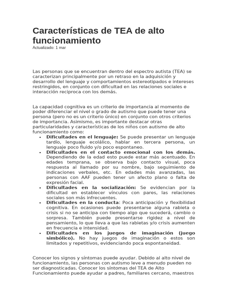 Características de TEA de Alto Funcionamiento | PDF