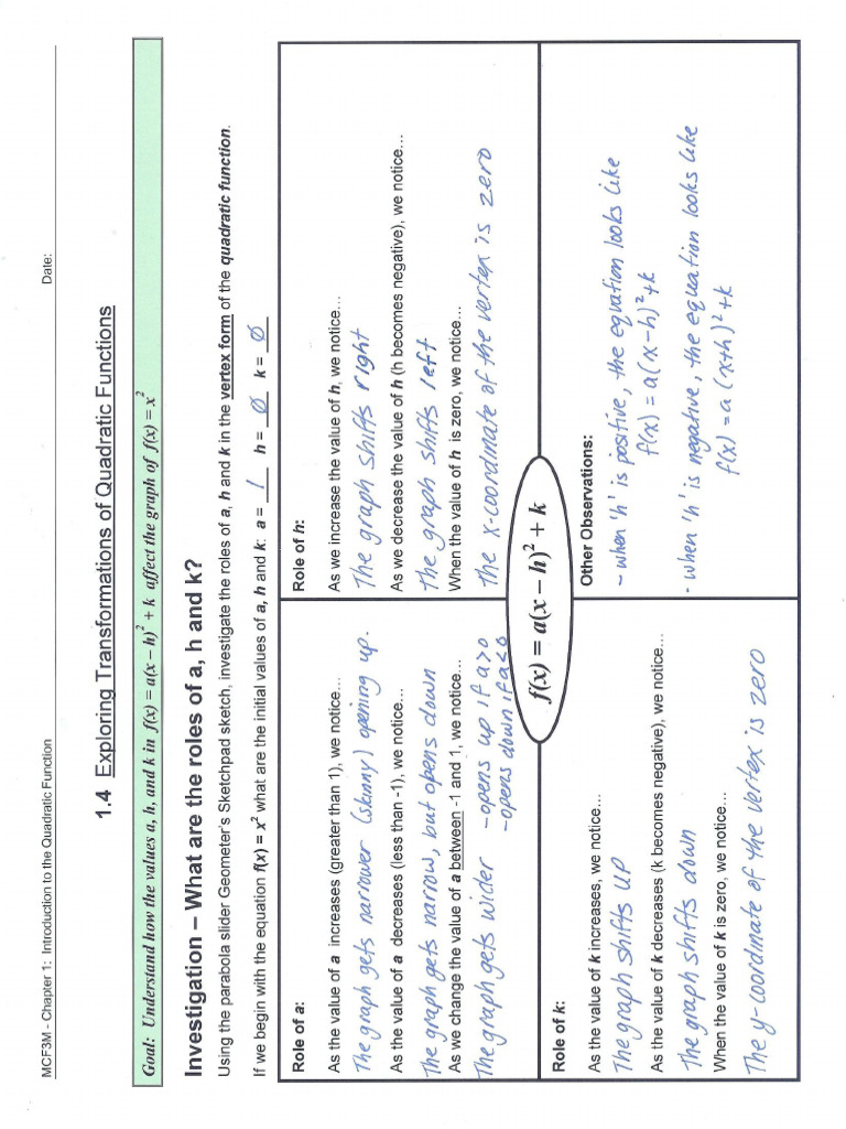 1.4 Transformations of Quadratic Functions | PDF