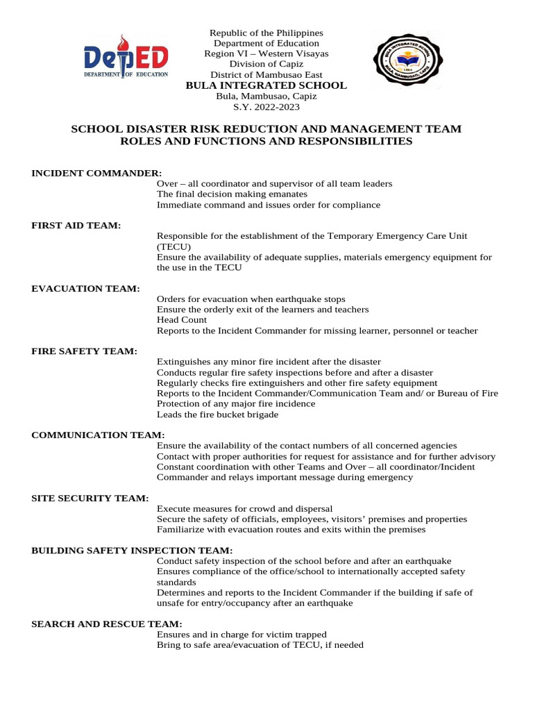 SDRRM Roles and Functions | PDF | Fire Safety | Emergency Evacuation