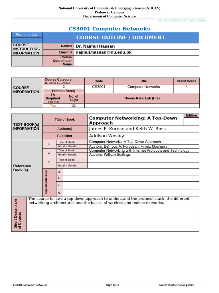 Computer Networks Outline Spring 2025 | PDF | Computer Network | Communications Protocols