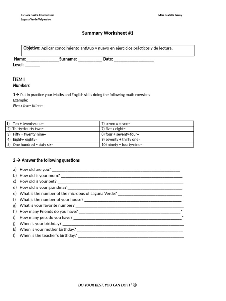 Summary Worksheet #1 | PDF