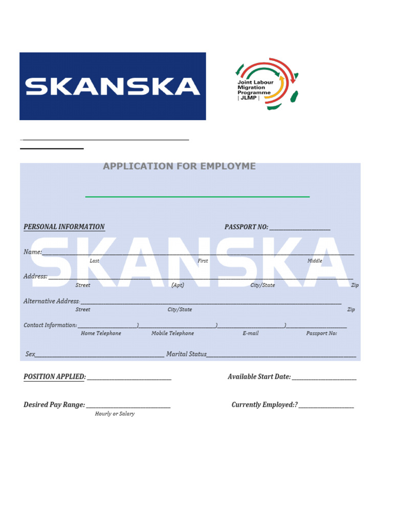 Skanska Denmark Employment Application Form | PDF