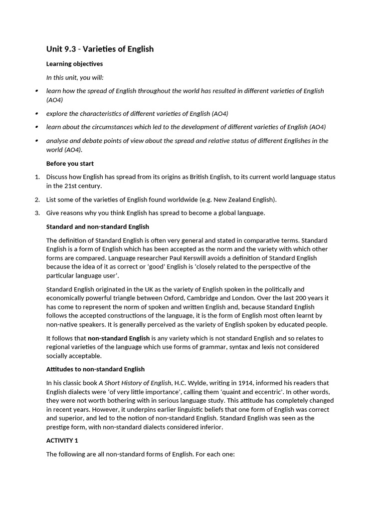 Unit 9.3 - Varieties of English | PDF | English Language | Accent ...