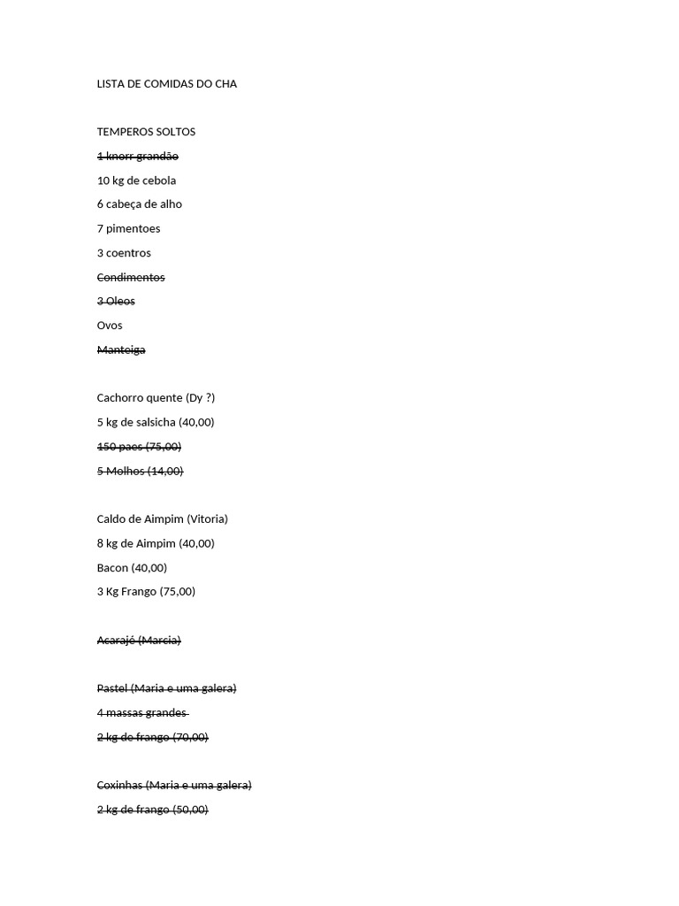 Lista de Comidas Do Cha | PDF
