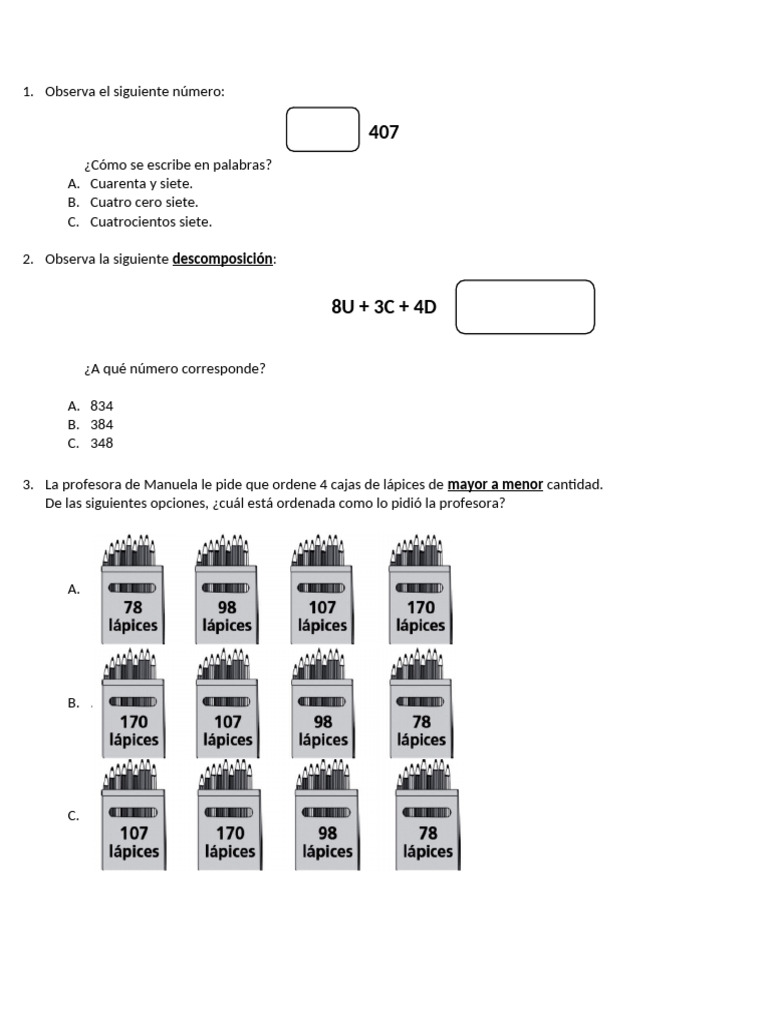 Prueba Numeros Hasta El 1000 | PDF