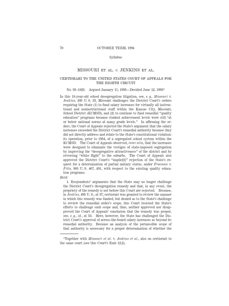 Missouri V Jenkins | PDF | Certiorari | Fourteenth Amendment To The ...