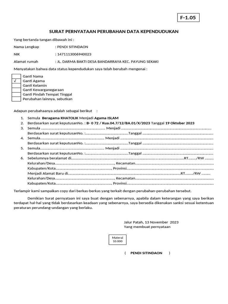F-1.05 SURAT PERNYATAAN PERUBAHAN DATA KEPENDUDUKAN PENDI SITINDAON - Copy (2) | PDF