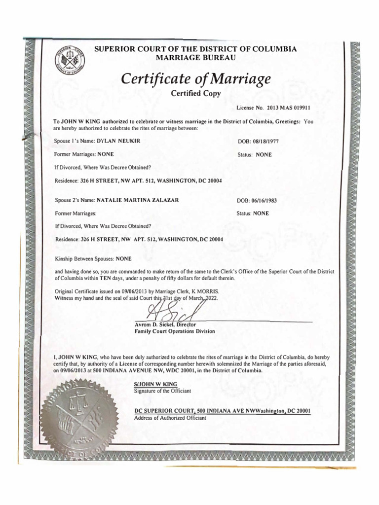 District of Columbia Marriage Certificate | PDF
