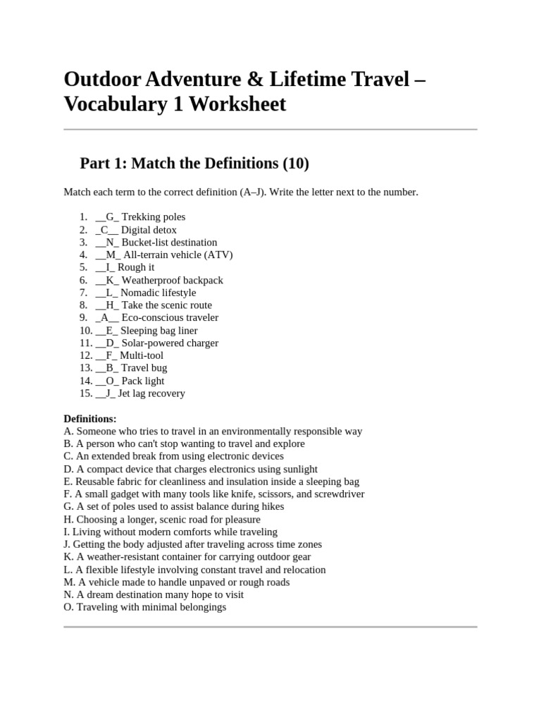 Vocab 1 - Worksheet - Outdoor Equipments and Lifetime Trip | PDF