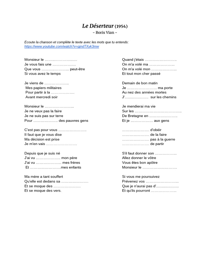 Le Déserteur : Analyse et Paroles | PDF