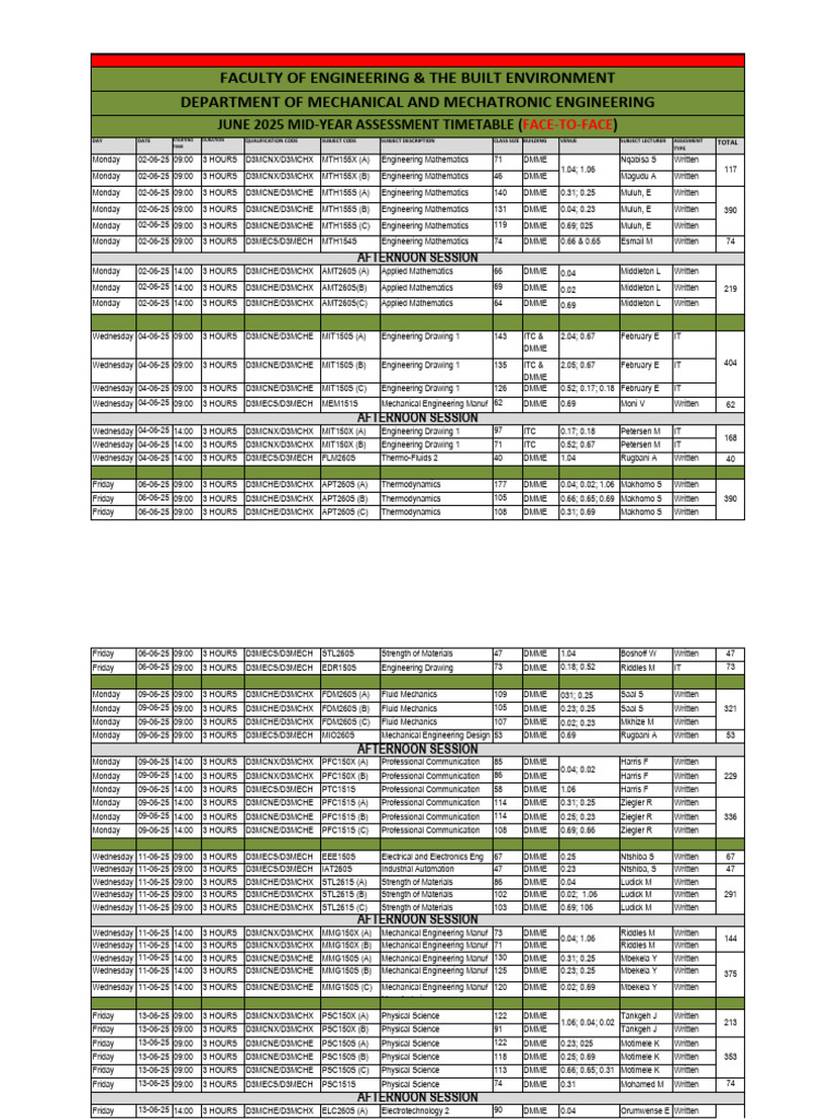 Mid-Year Assessment Timetable - DMME - 0305 | PDF | Engineering | Mechanics