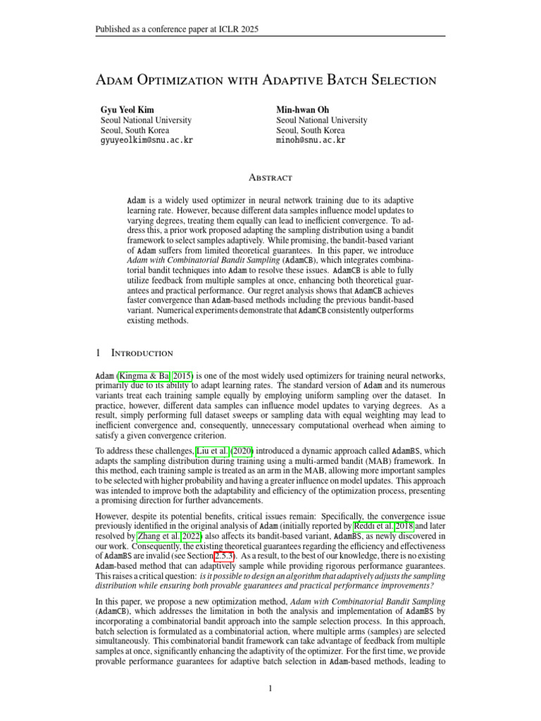 Kim2024_ADAM Optimization With Adaptive Batch Selection | PDF | Mathematical Optimization | Loss ...