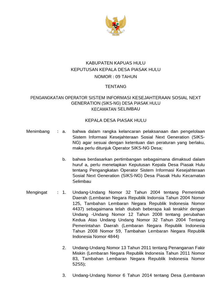 Contoh SK Penunjukan Operator SIKS NG Desa | PDF