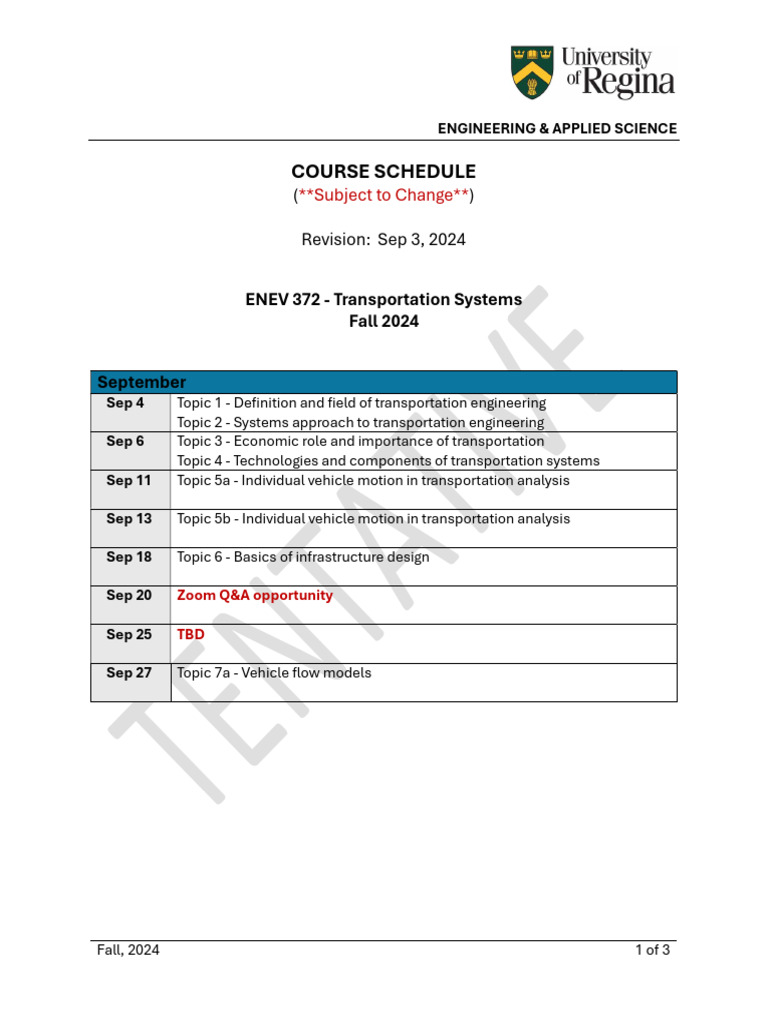 _Course Schedule (ENEV 372 - Transportation Systems, 2024) v01 (SUBJECT TO CHANGE) 3 | PDF
