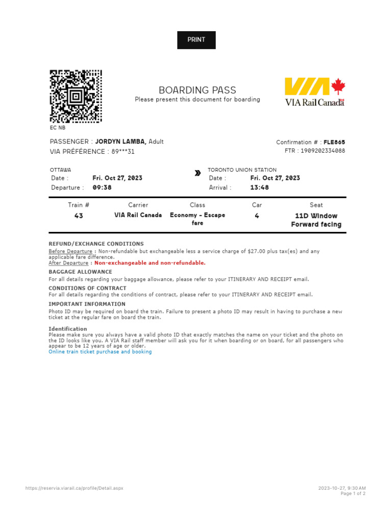 Booking Confirmation - Via Rail Canada | PDF | Public Transport ...