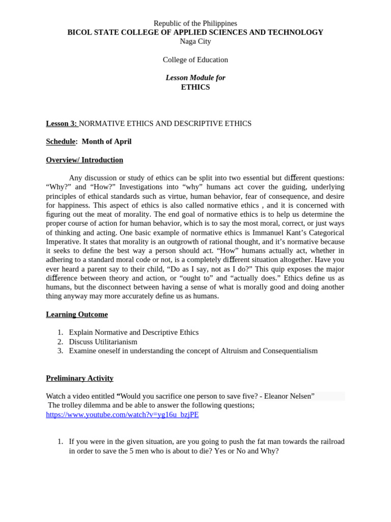 Normative and Descriptive Ethics | PDF | Utilitarianism | Hedonism