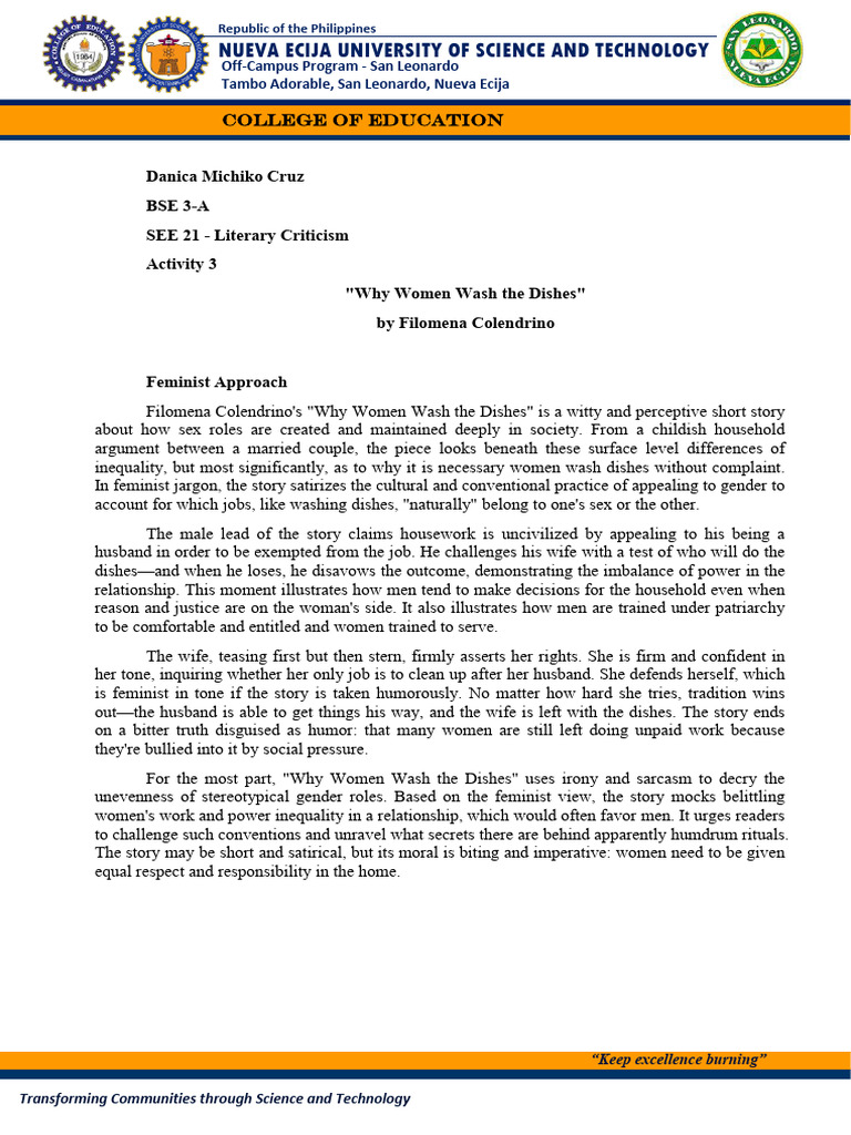 "Why Women Wash The Dishes" by Filomena Colendrino | PDF | Gender ...