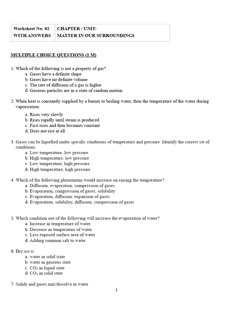 ch1 Class 9 Science Worksheet | PDF | Gases | Evaporation
