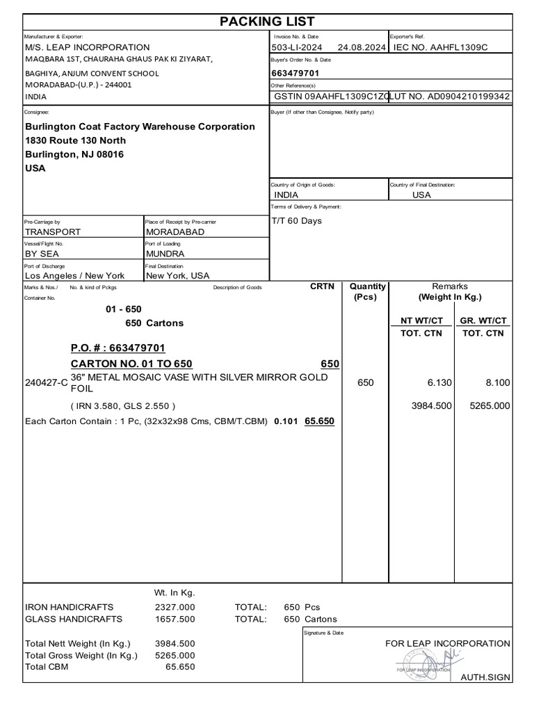 503 LI 2024 Packing List BCF | PDF
