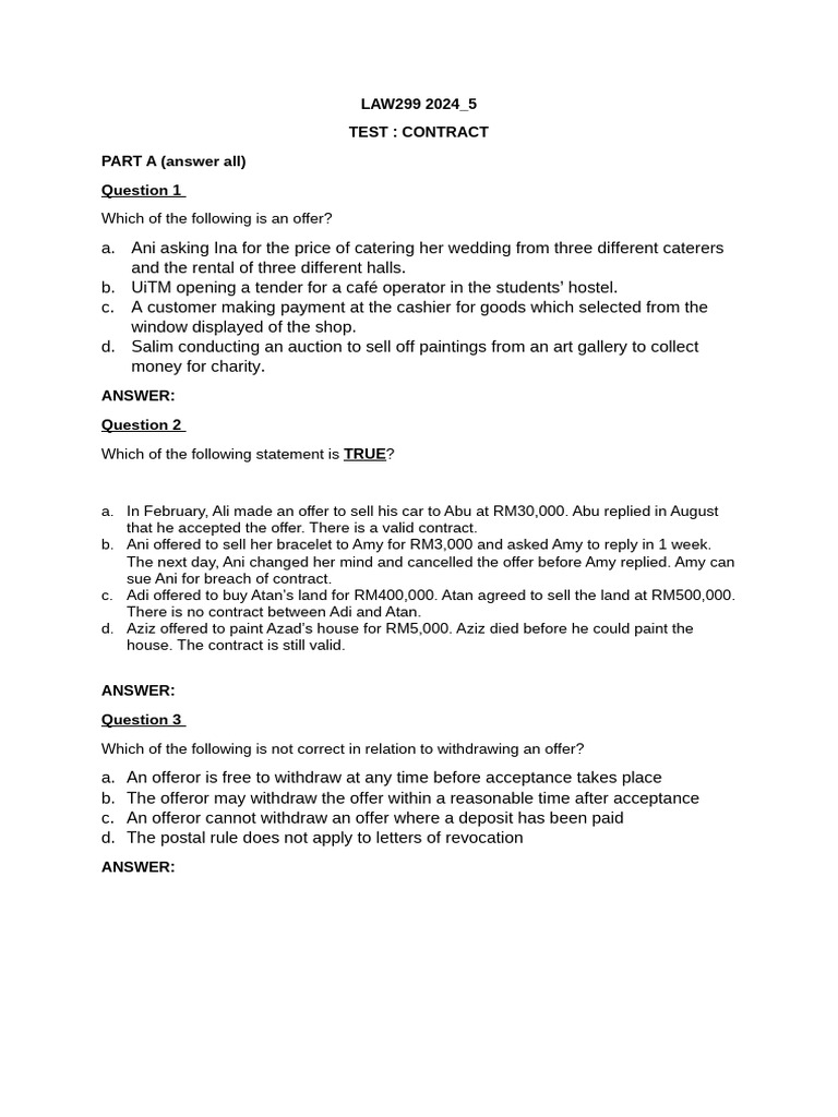 Contract Law Test Questions and Answers | PDF | Offer And Acceptance ...