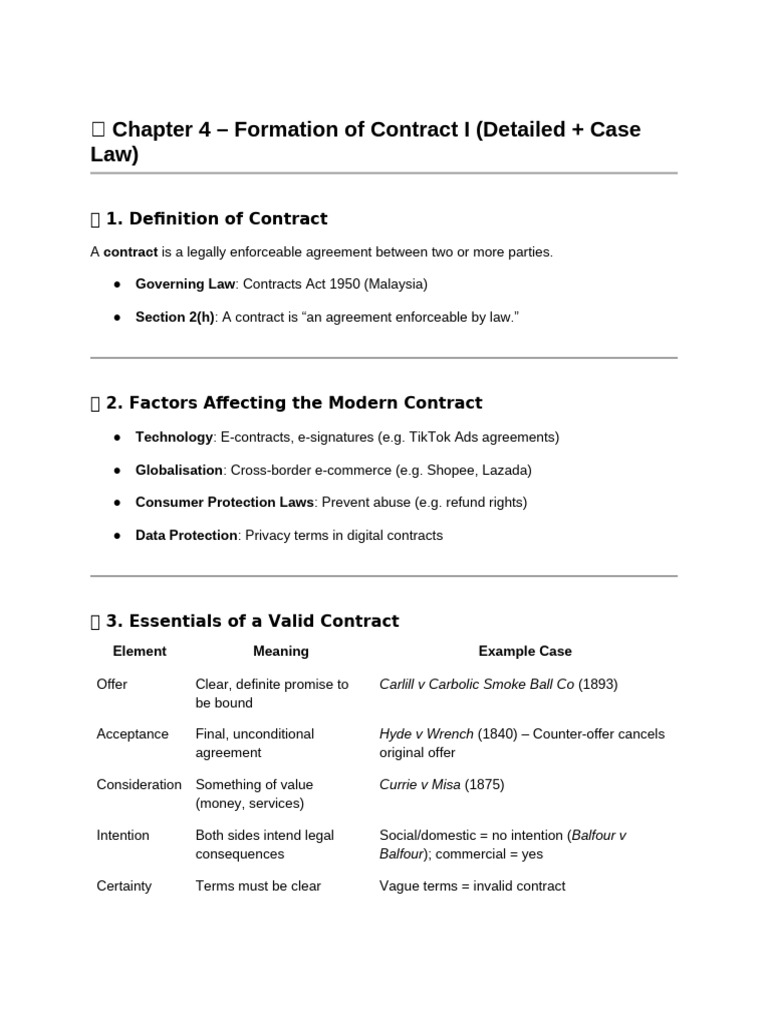 ? Chapter 4 – Formation of Contract I (Detailed + Case Law) | PDF | Offer And Acceptance | Consent
