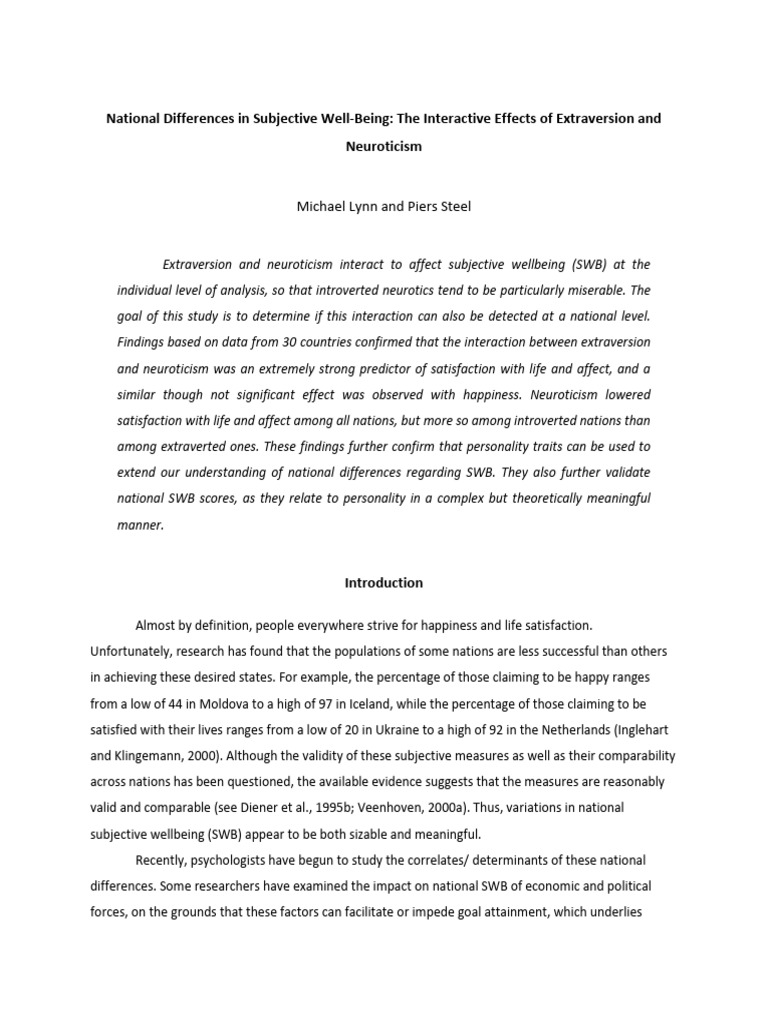 Lynn69 National Differences in Subjective Well Being | PDF | Extraversion And Introversion ...