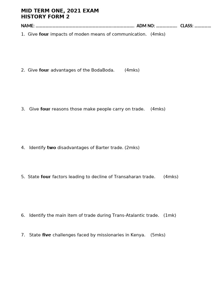 Set2 Hist New MidTerm 1 2021 Teacher - Co - .Ke F2 Exam | PDF