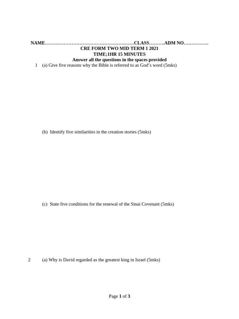 Set2 Cre Q MidTerm 1 2021 Teacher - Co .Ke F2 Exam | PDF