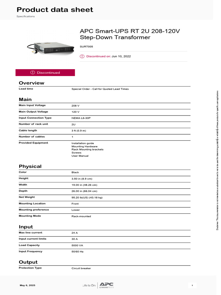 APC StepDown-Transformer SURT005 | PDF | Equipment | Electricity