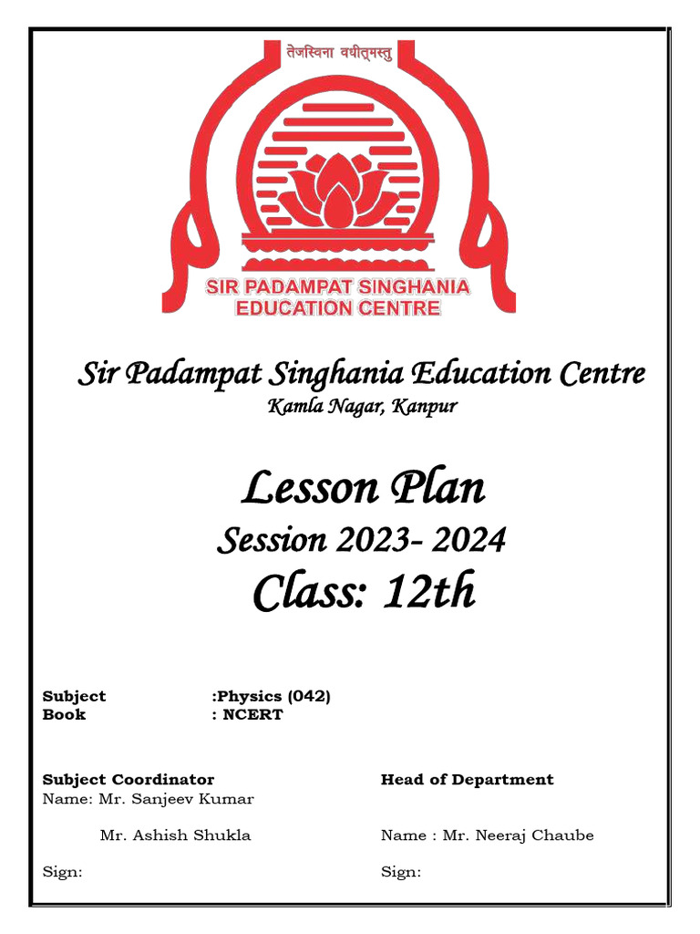 cl-12 Physics Lesson Plan 12 Physics 2023-24 | PDF | Magnetic Field ...