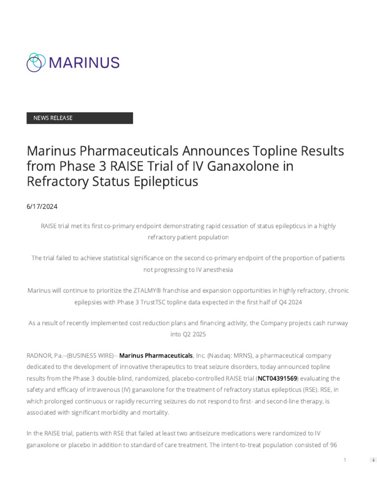 Marinus Pharmaceuticals Announces Topline Results From Phase 3 RAISE Trial of IV Ganaxolone in ...