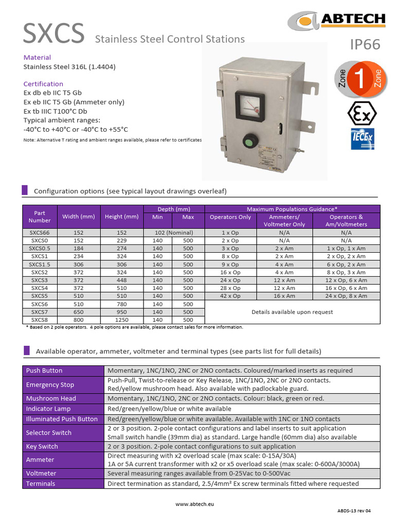 Sxcs Control Stations Datasheet - Abds-13 Rev 04 | PDF | Switch | Mains Electricity