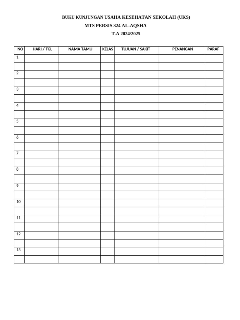 Buku Kunjungan Uks Mts Al-Aqsha | PDF