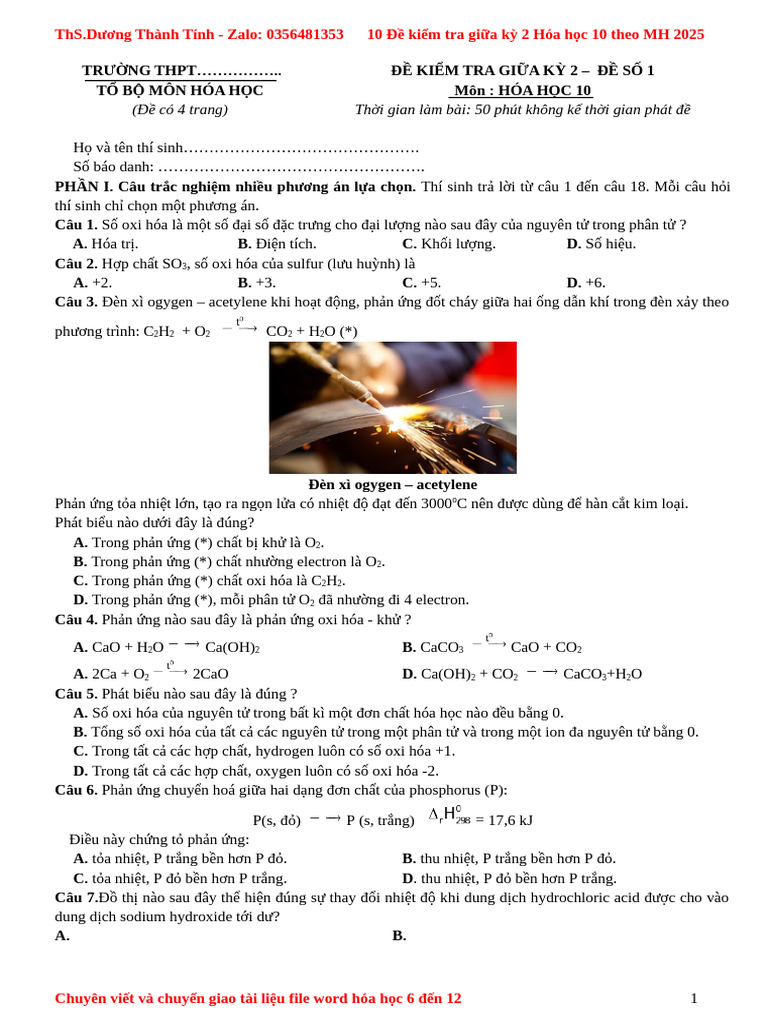 10 de Giua Ky 2 Hoa 10 Theo MH.2025.DTT - de | PDF