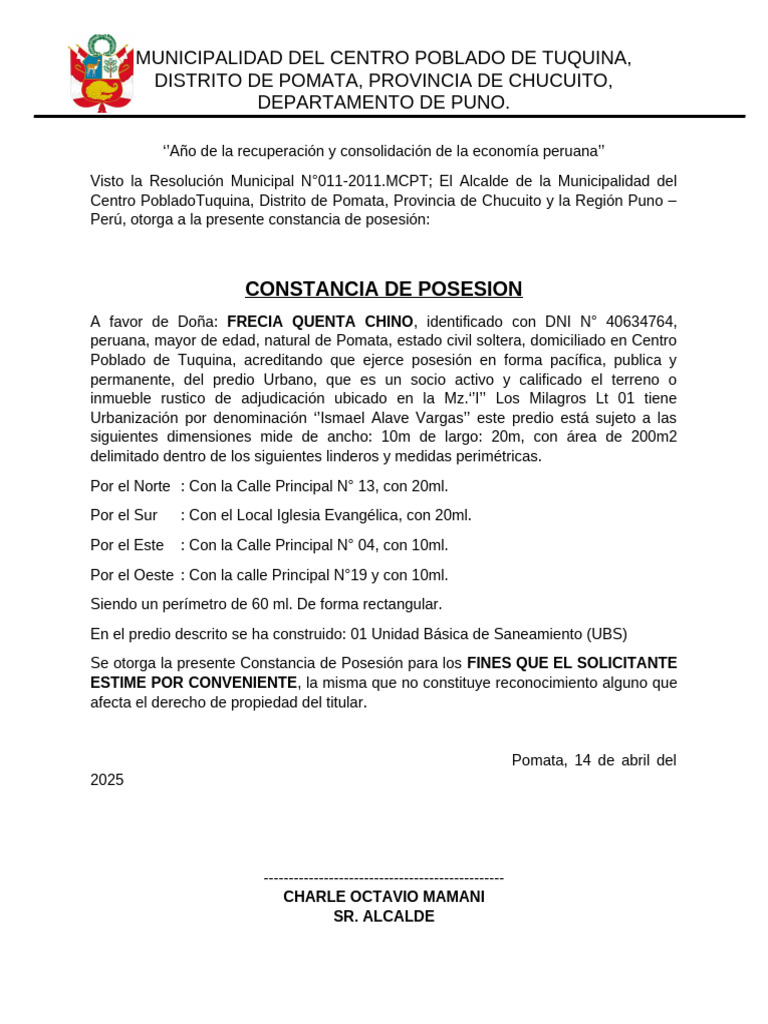 CONSTANCIA DE POSESION | PDF